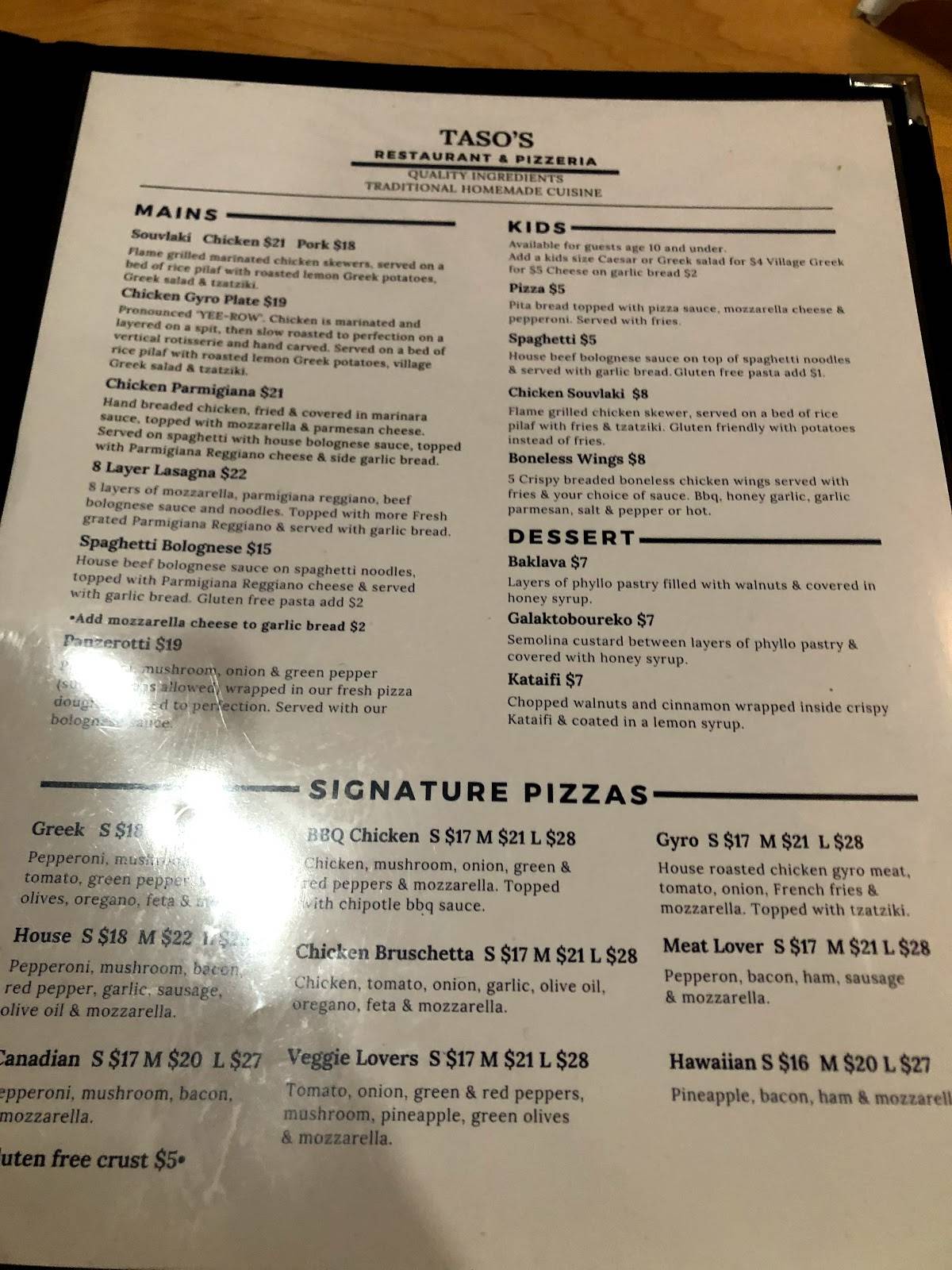 Menu at Taso's Restaurant and Pizzeria, Kawartha Lakes
