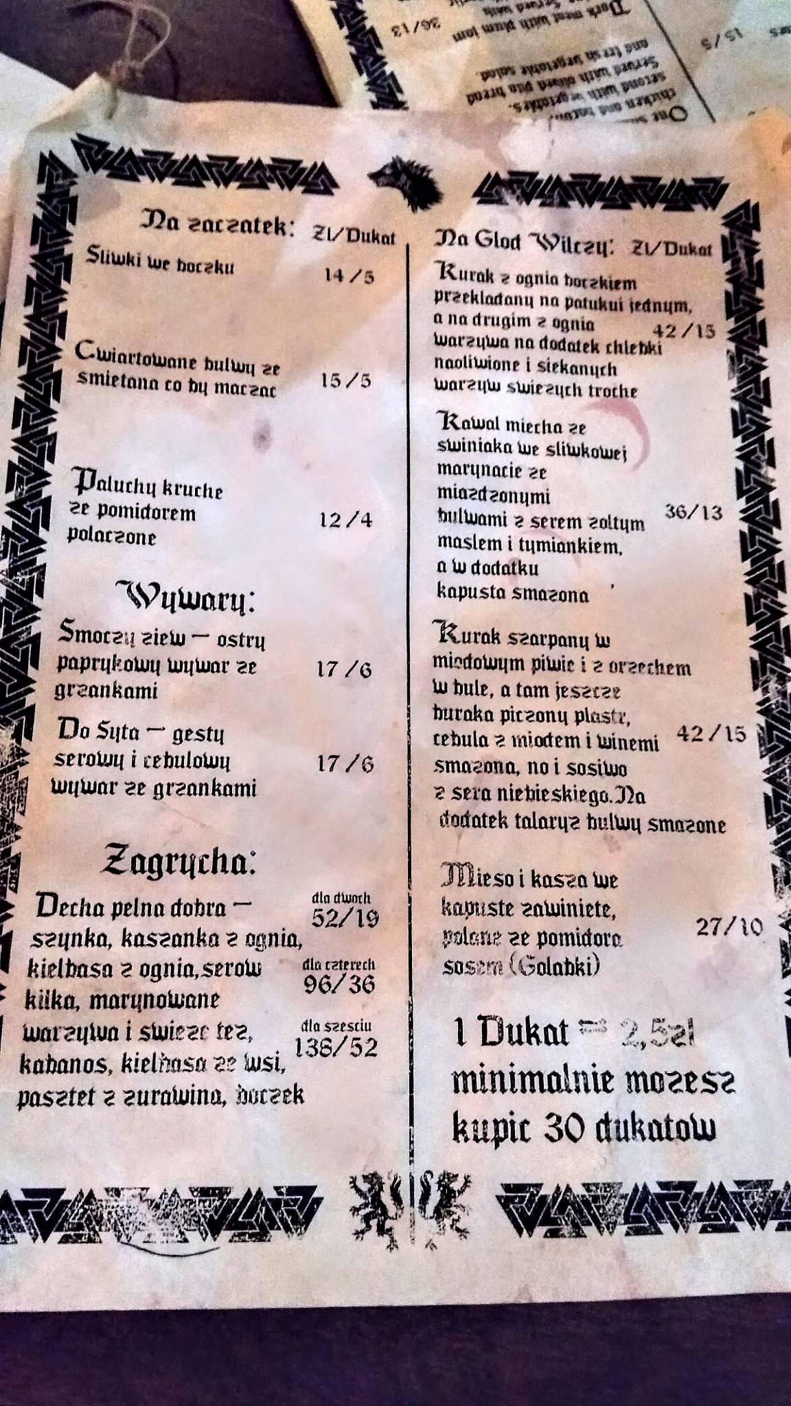 Menu at Tawerna Wilczy Dół restaurant, Kraków