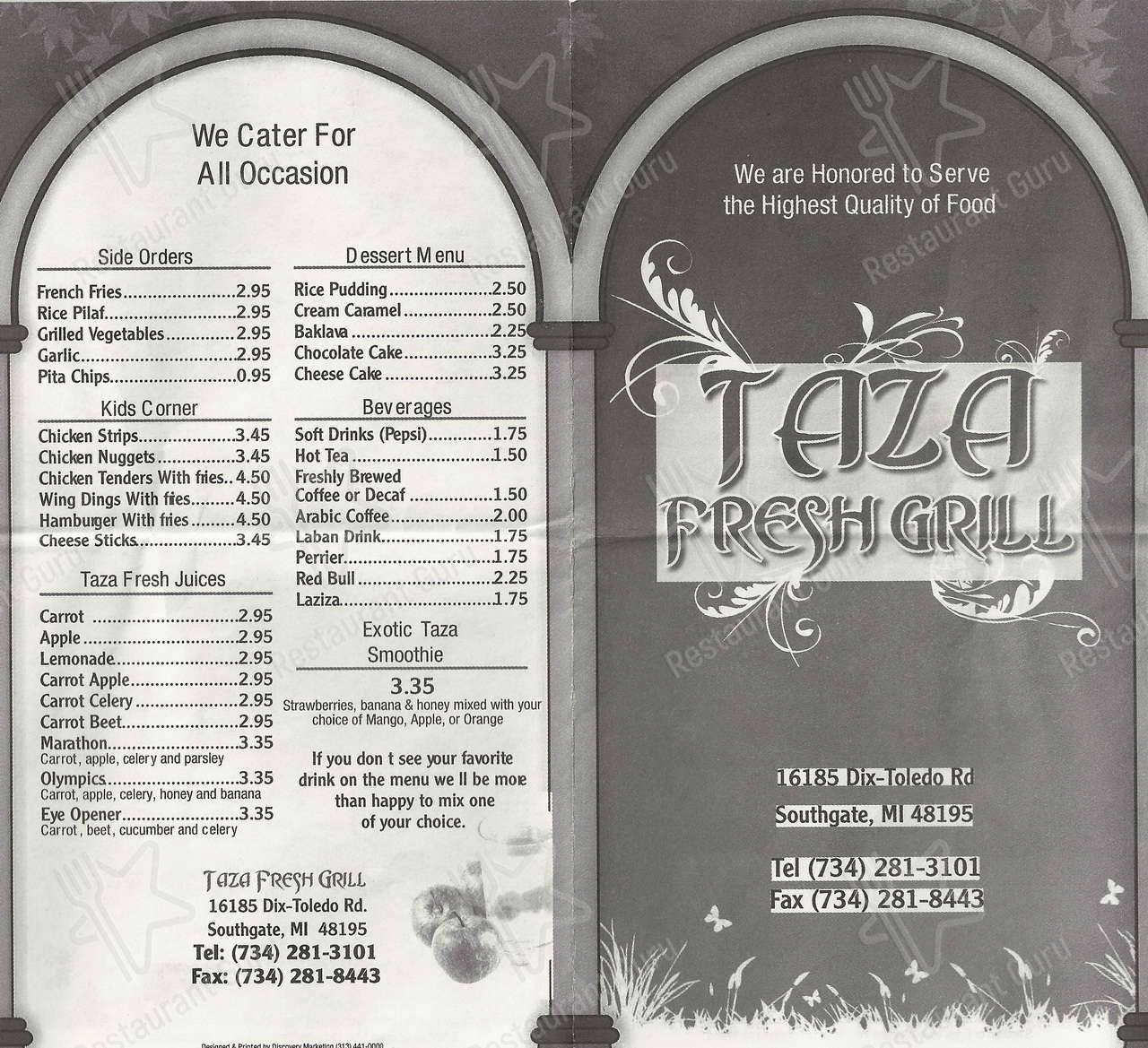 Menu at Taza Fresh Grill restaurant, Southgate