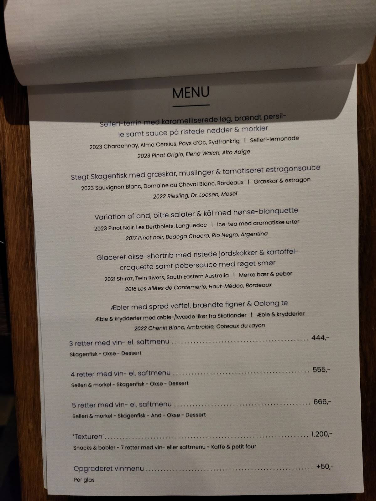 Speisekarte von Restaurant Textur, Aalborg