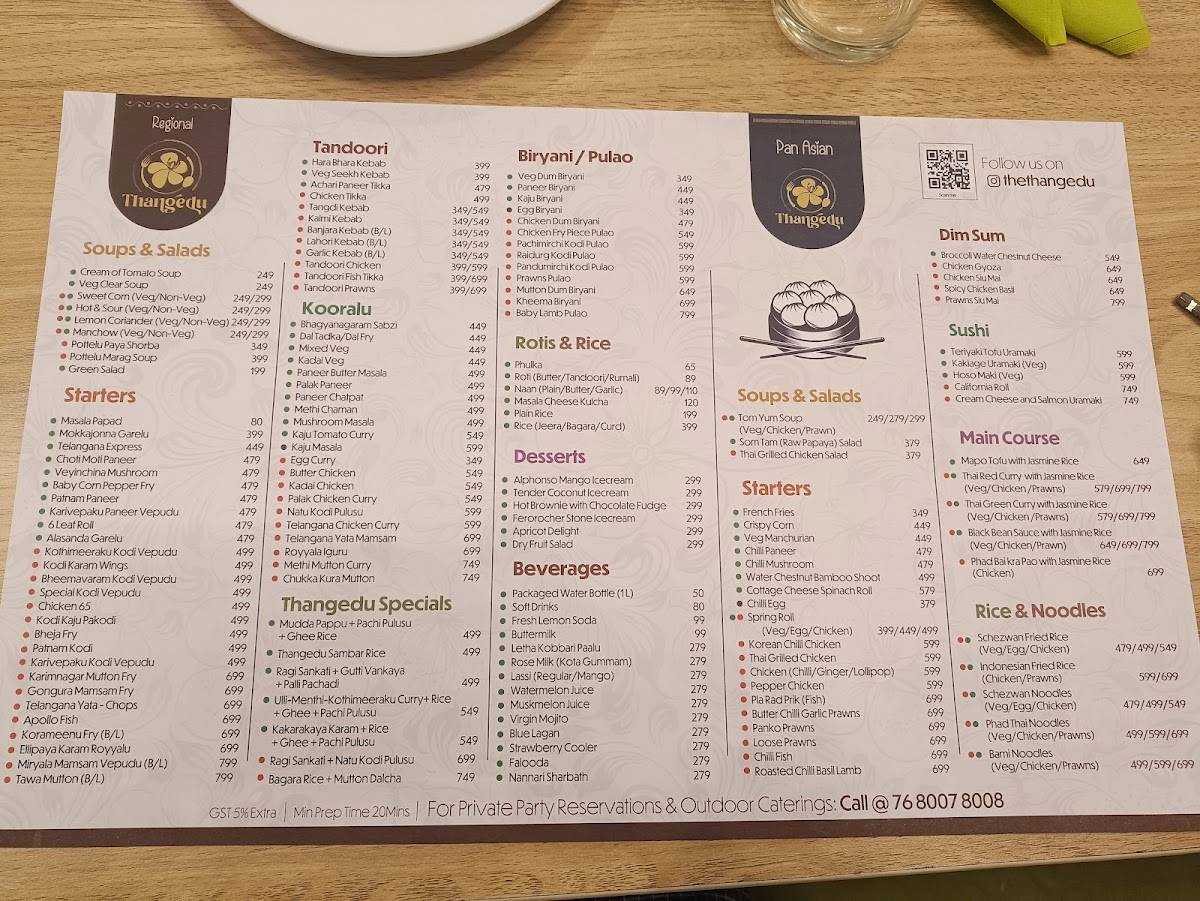 Menu at Thangedu, Rai Durg