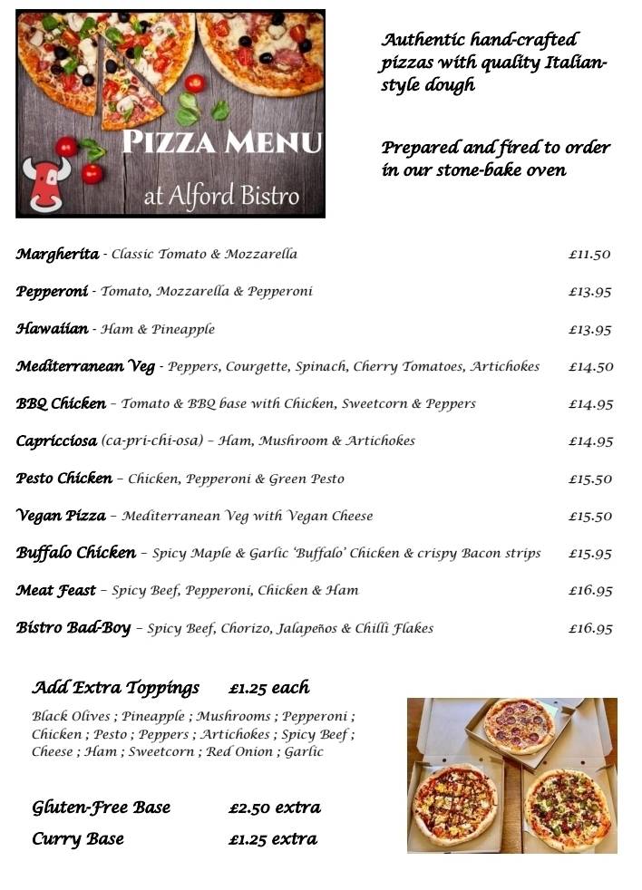 Menu at The Alford Bistro restaurant, Alford