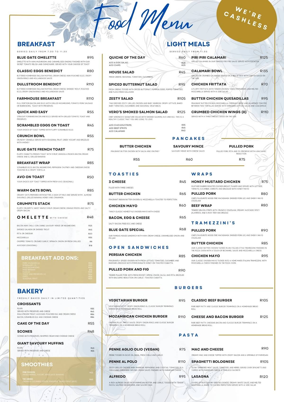 Menu at The Blue Gate restaurant, Nelspruit