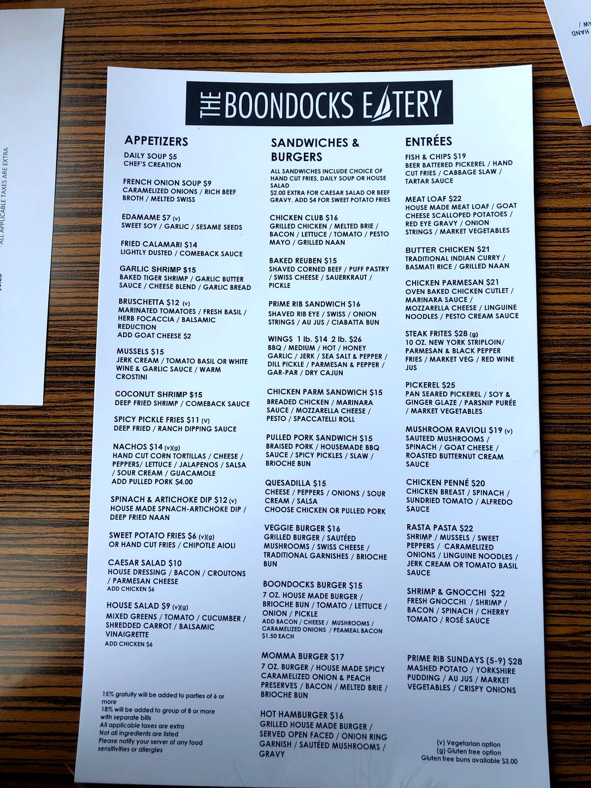 Menu at The Boondocks Eatery restaurant, Georgina