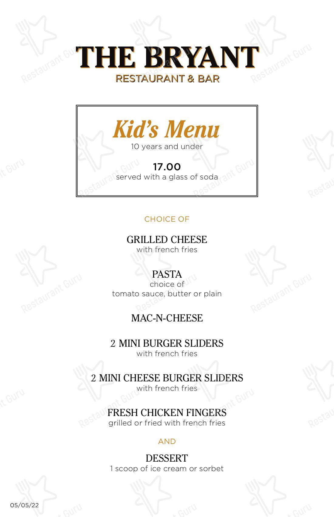 Menu at The Bryant restaurant, Huntington Station