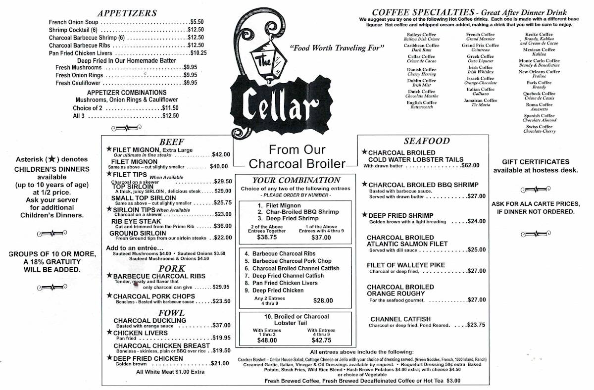 Menu at The Cellar restaurant, Geneseo