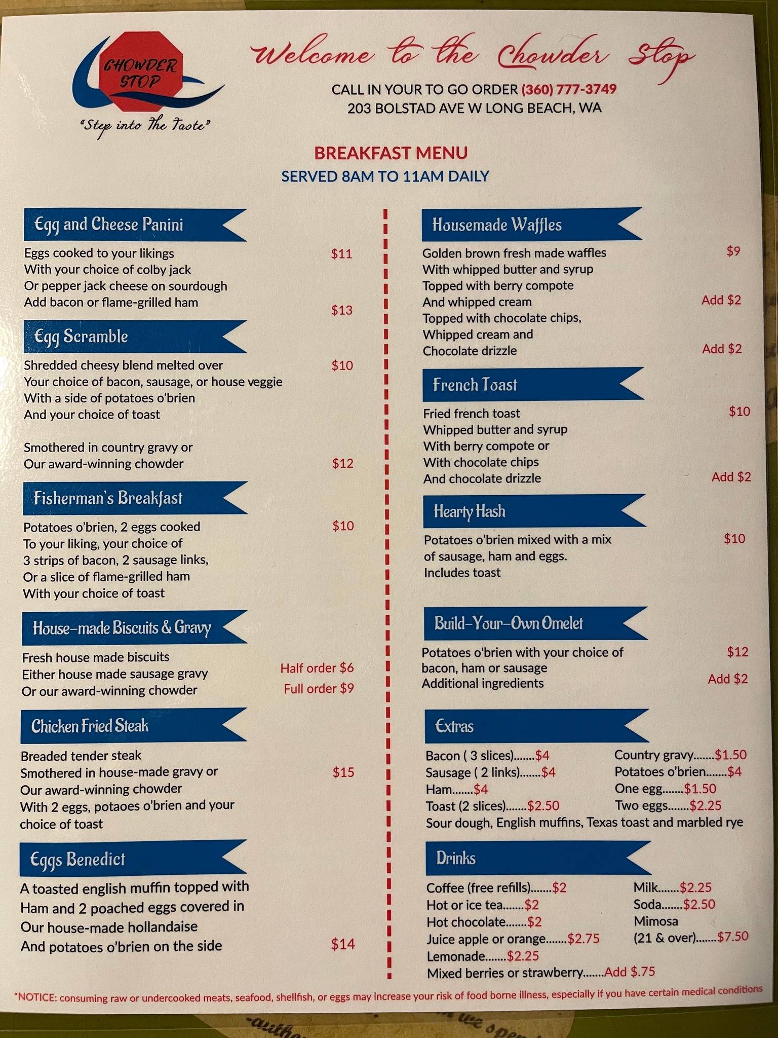 Menu at The Chowder Stop restaurant, Long Beach