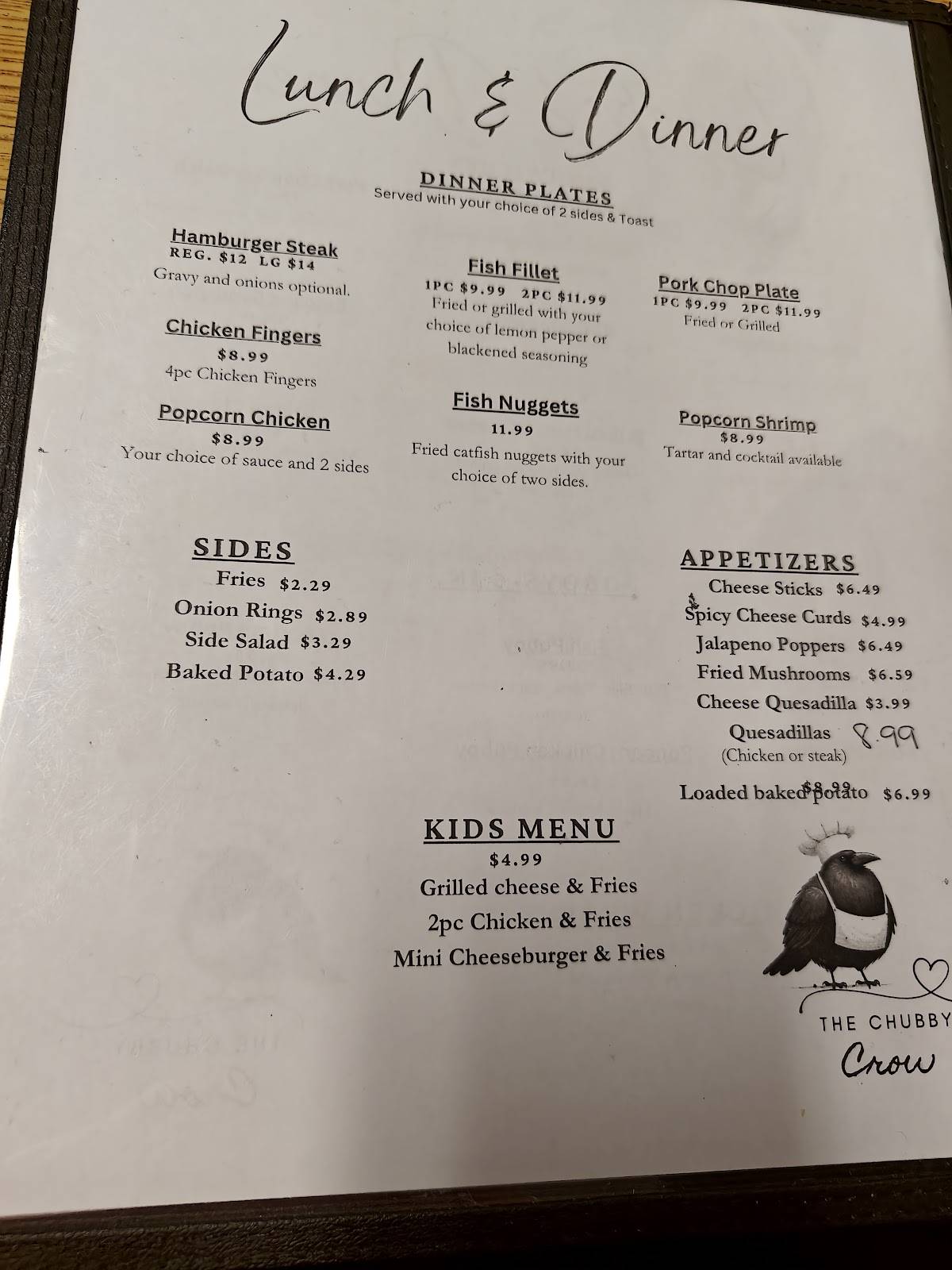 Menu at The Chubby Crow restaurant, Jones Chapel