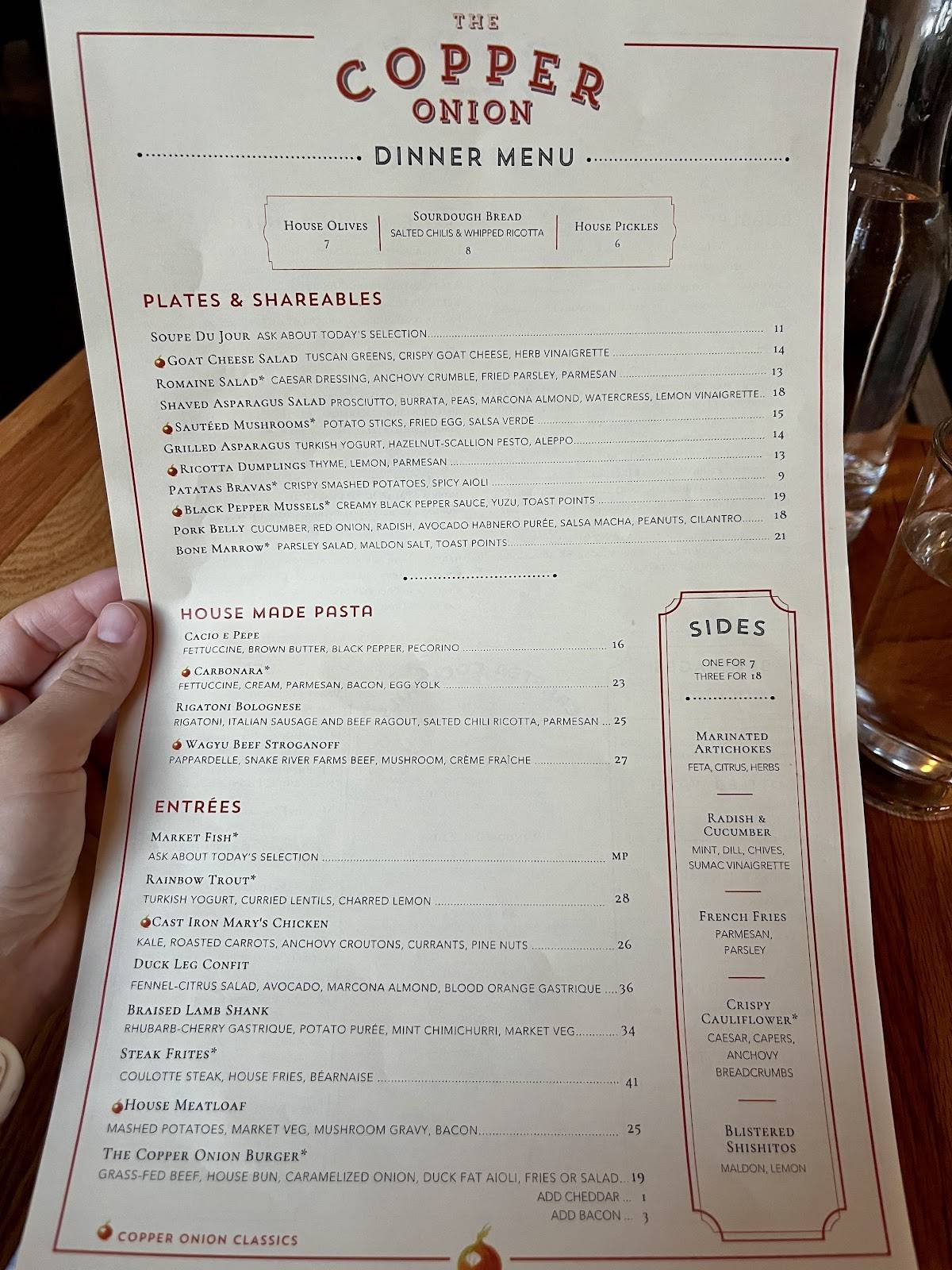 Menu at The Copper Onion restaurant, Salt Lake City