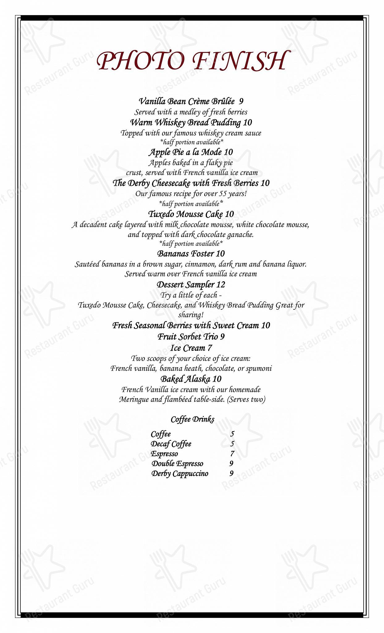 Menu at The Derby steakhouse, Arcadia