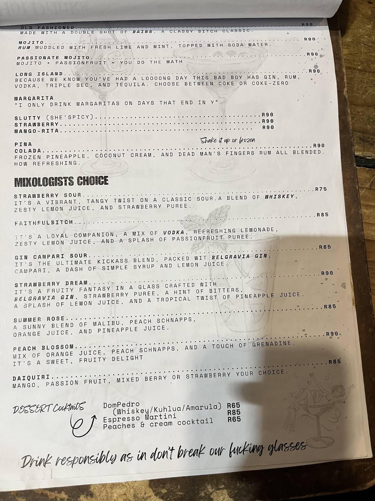Menu at The Dog's Bollocks at YARD restaurant, Cape Town