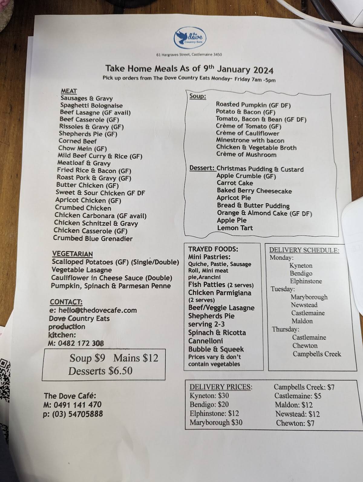 Menu at The Dove Cafe, Castlemaine