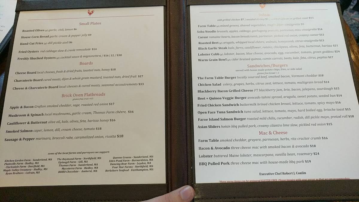 Menu at The Farm Table restaurant, Bernardston