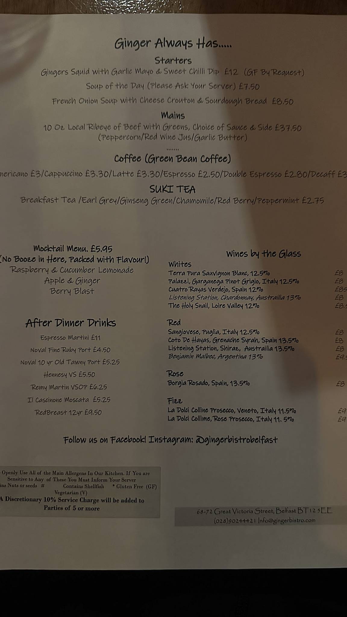 Menu at The Ginger Bistro restaurant, Belfast