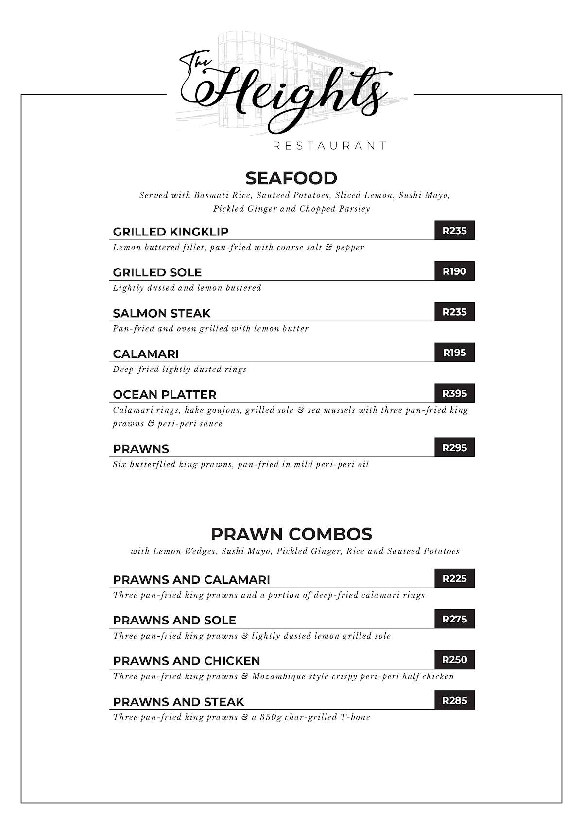 Menu at The Heights Restaurant & Bistro, Kimberley