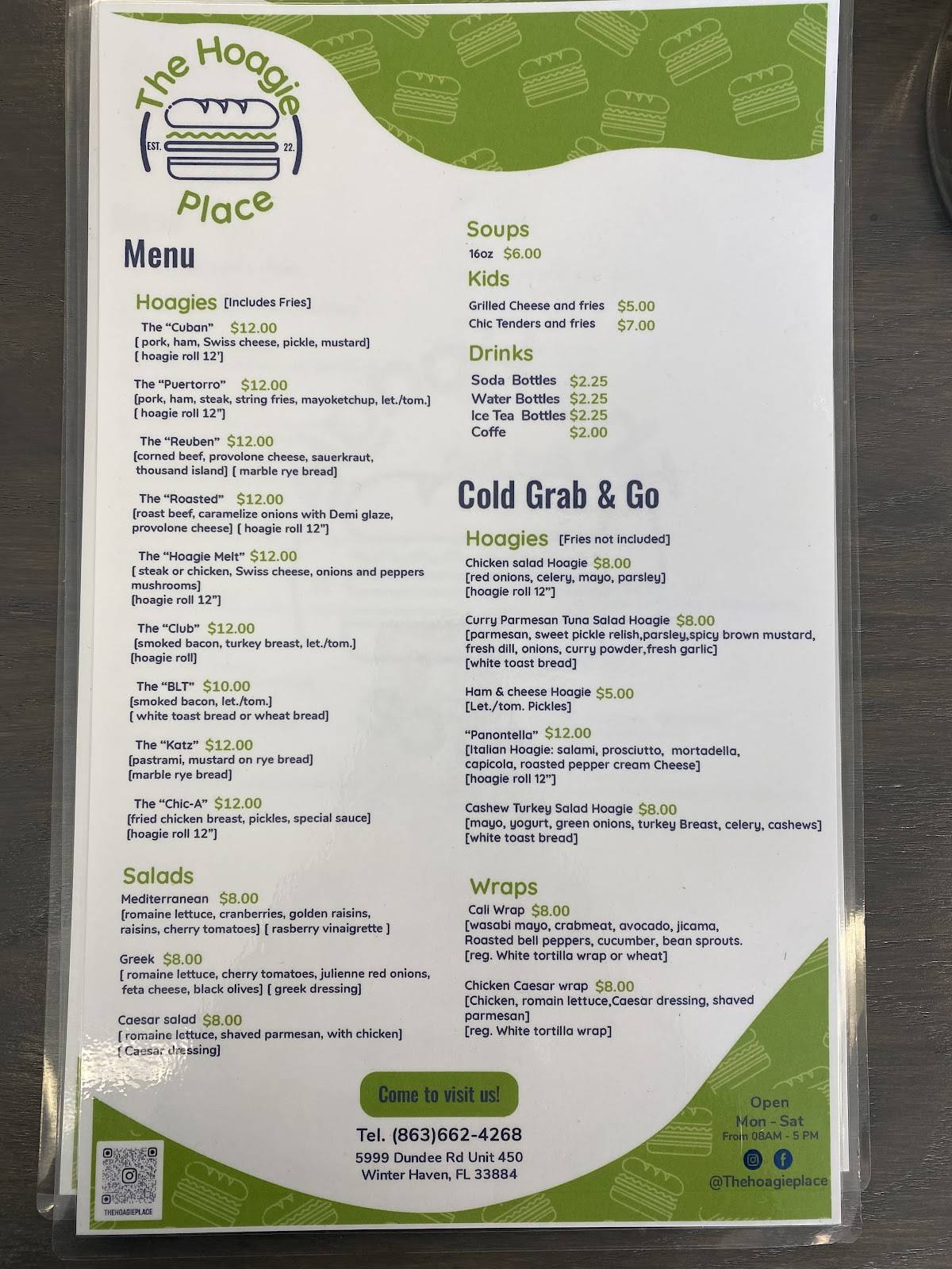 Menu at The Hoagie Place restaurant, Winter Haven