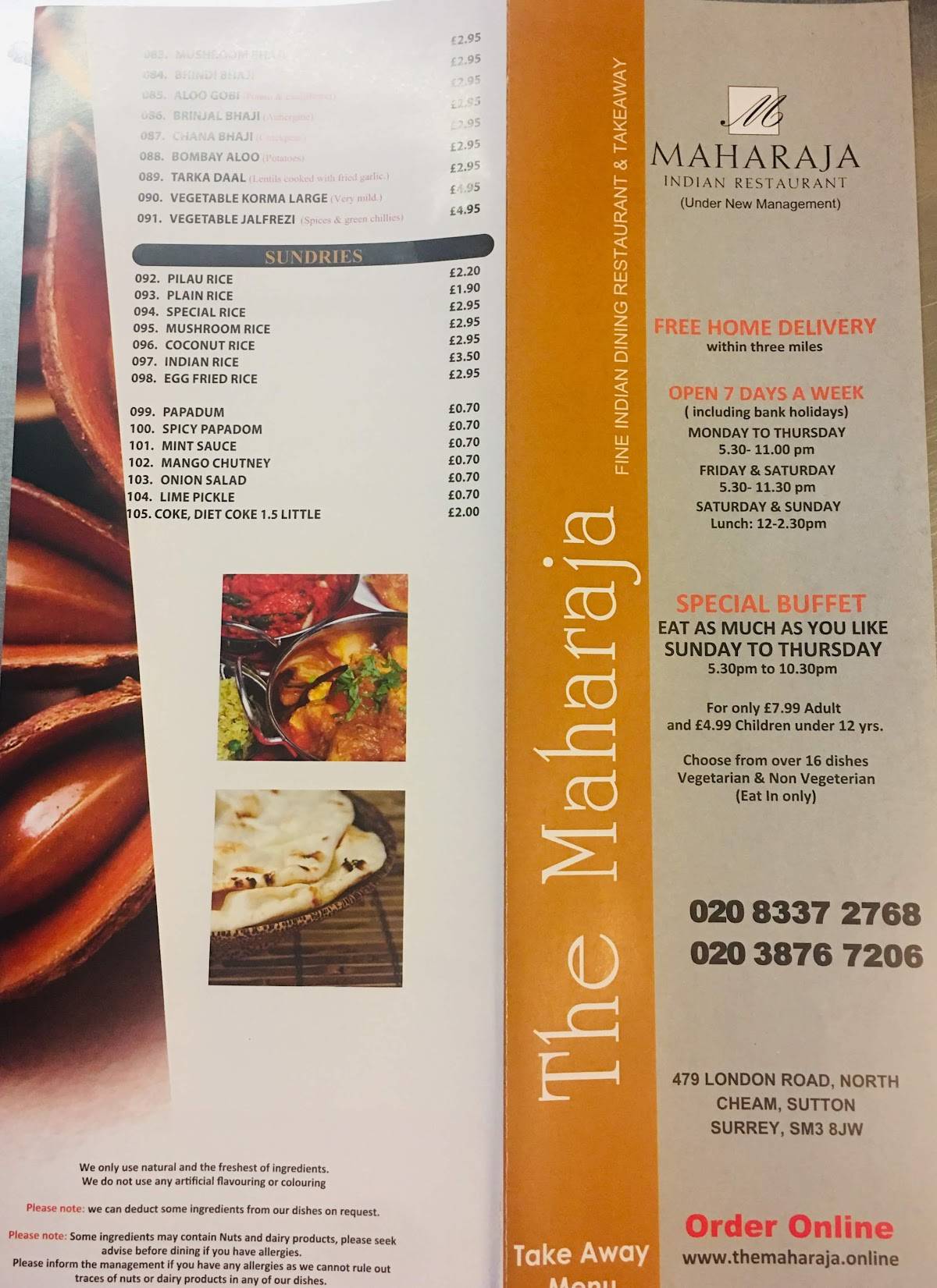 Menu at The MAHARAJA restaurant, Sutton, 481 London Rd