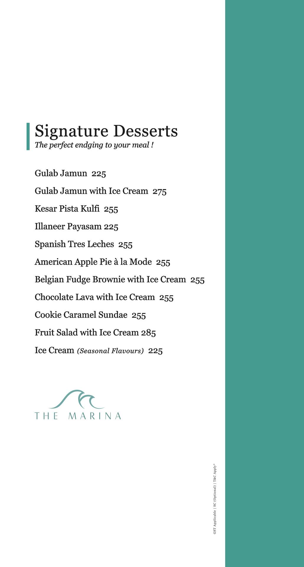 Menu at The Marina, Chennai