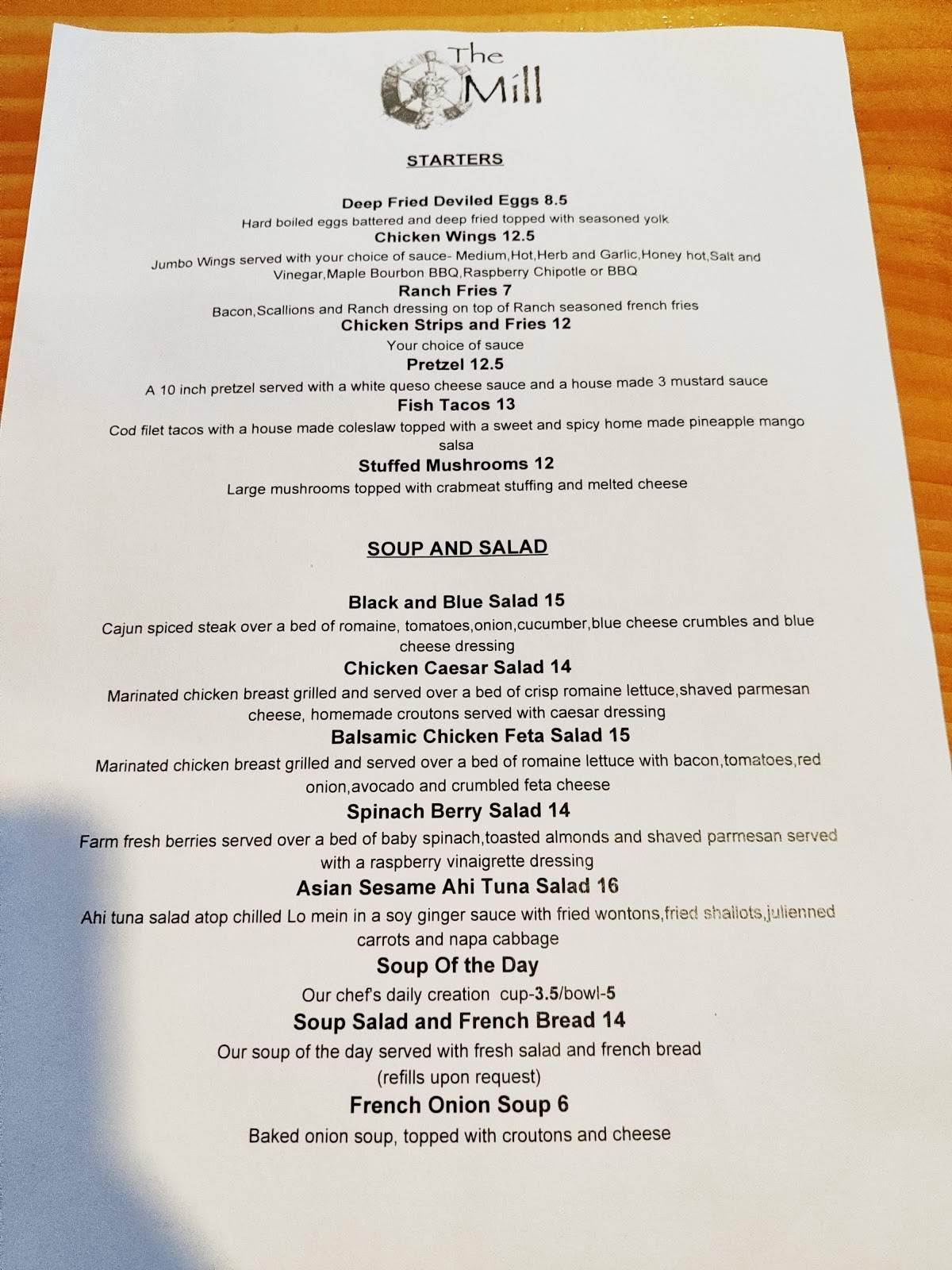 Menu at The Mill restaurant, Old Forge