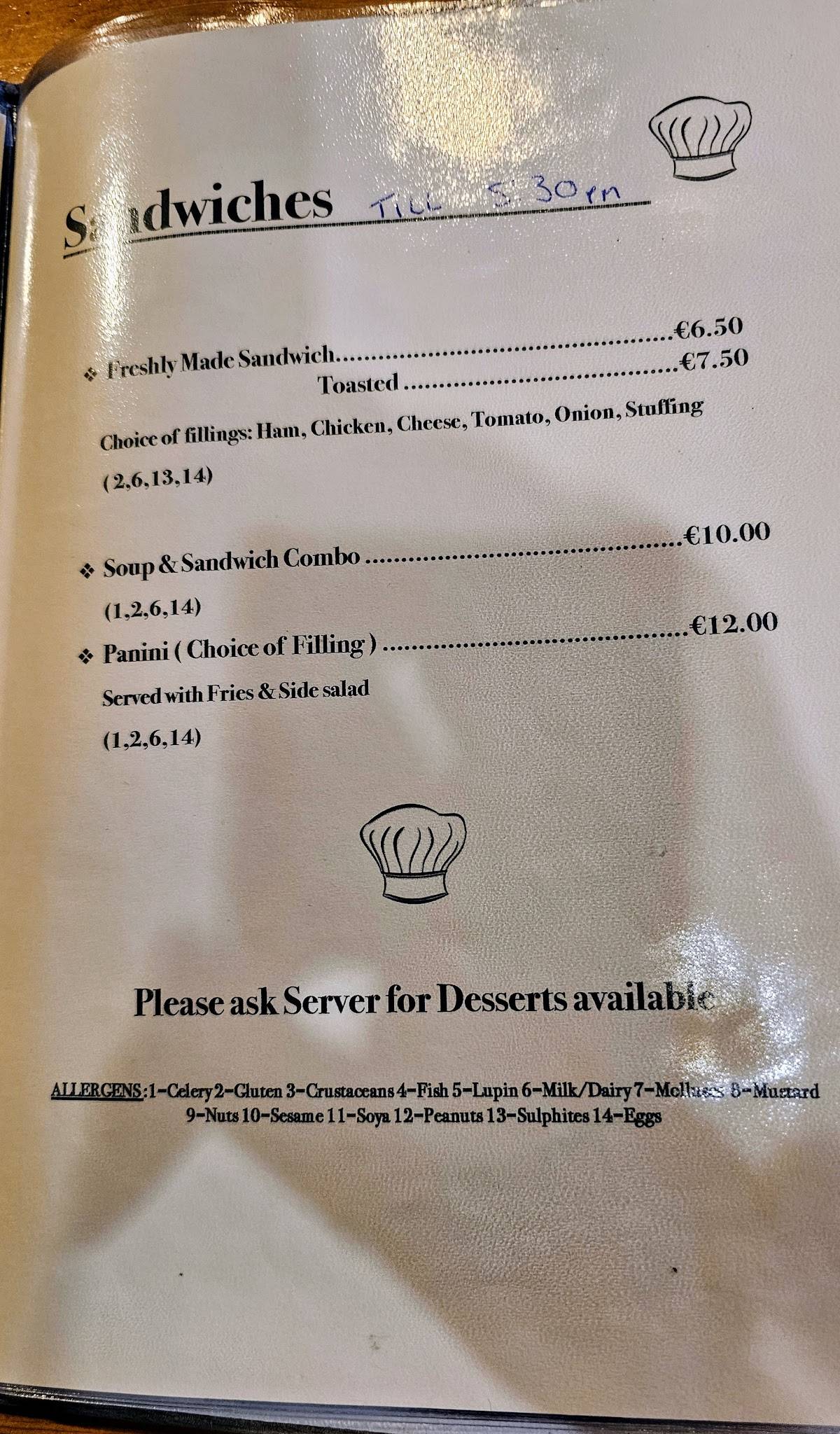 Menu at The Rising Sun restaurant, Mullinavat, Main Street