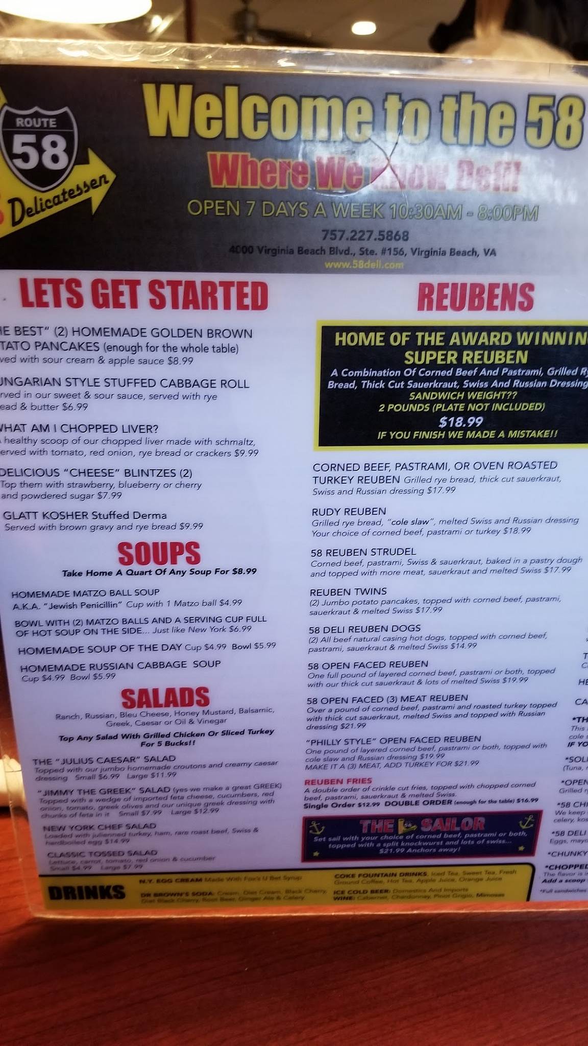 Menu at The Route 58 Deli restaurant, Virginia Beach