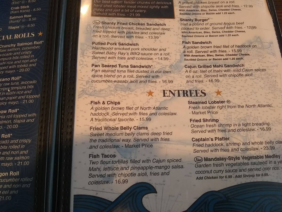 Menu at The Seafood Shanty restaurant, Edgartown