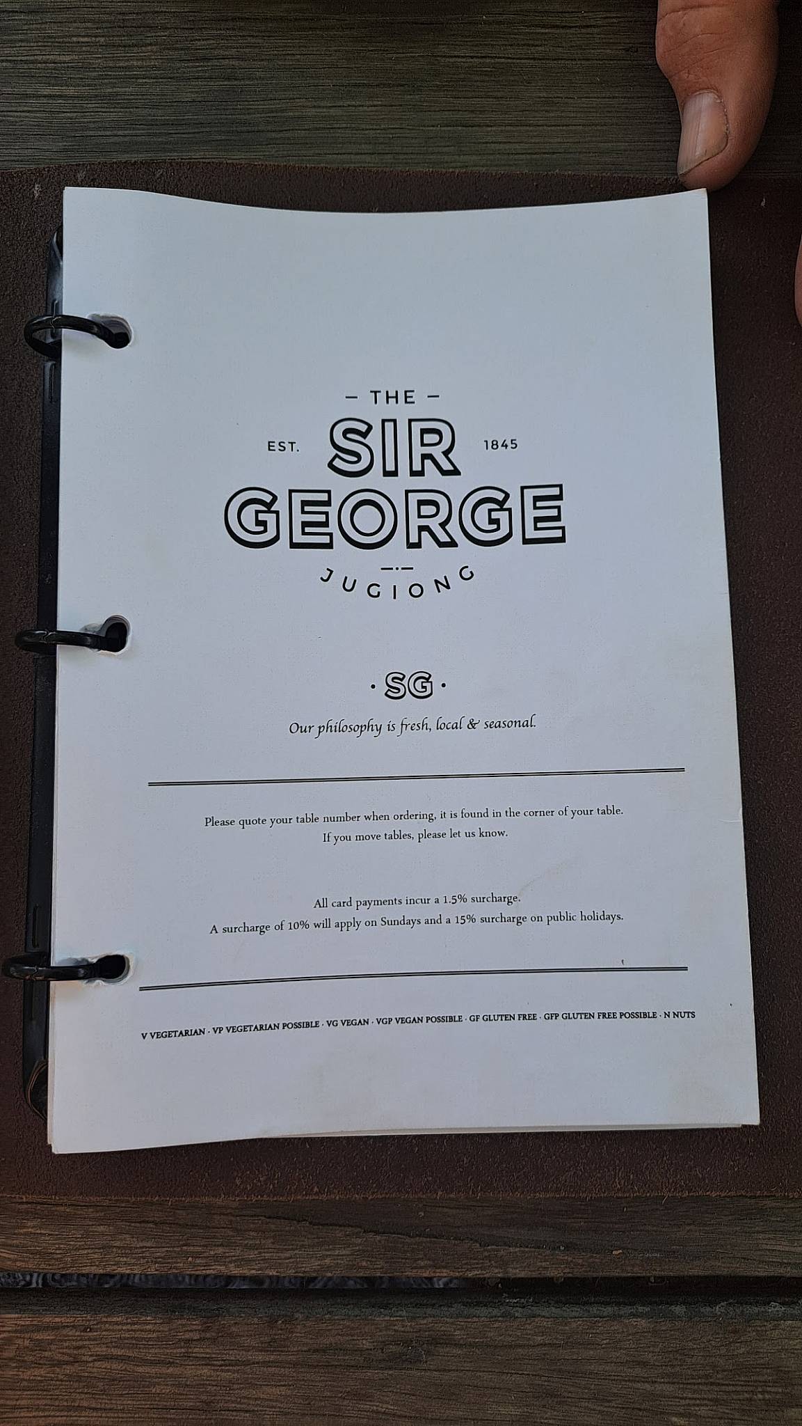 Menu at The Sir George restaurant, Jugiong