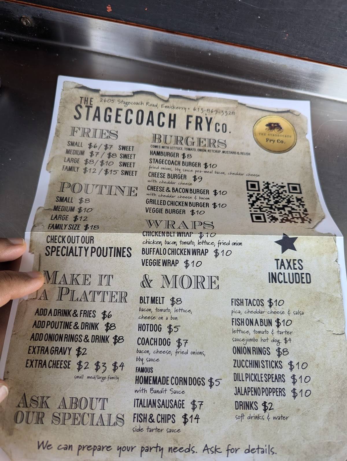 Menu at The Stagecoach Fry Co. restaurant, Ottawa