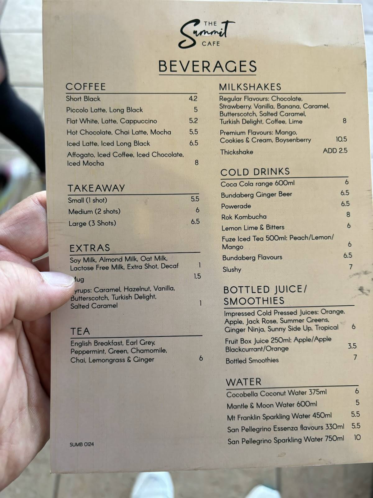 Menu at The Summit Cafe Mount Coot-Tha, Mount Coot-Tha