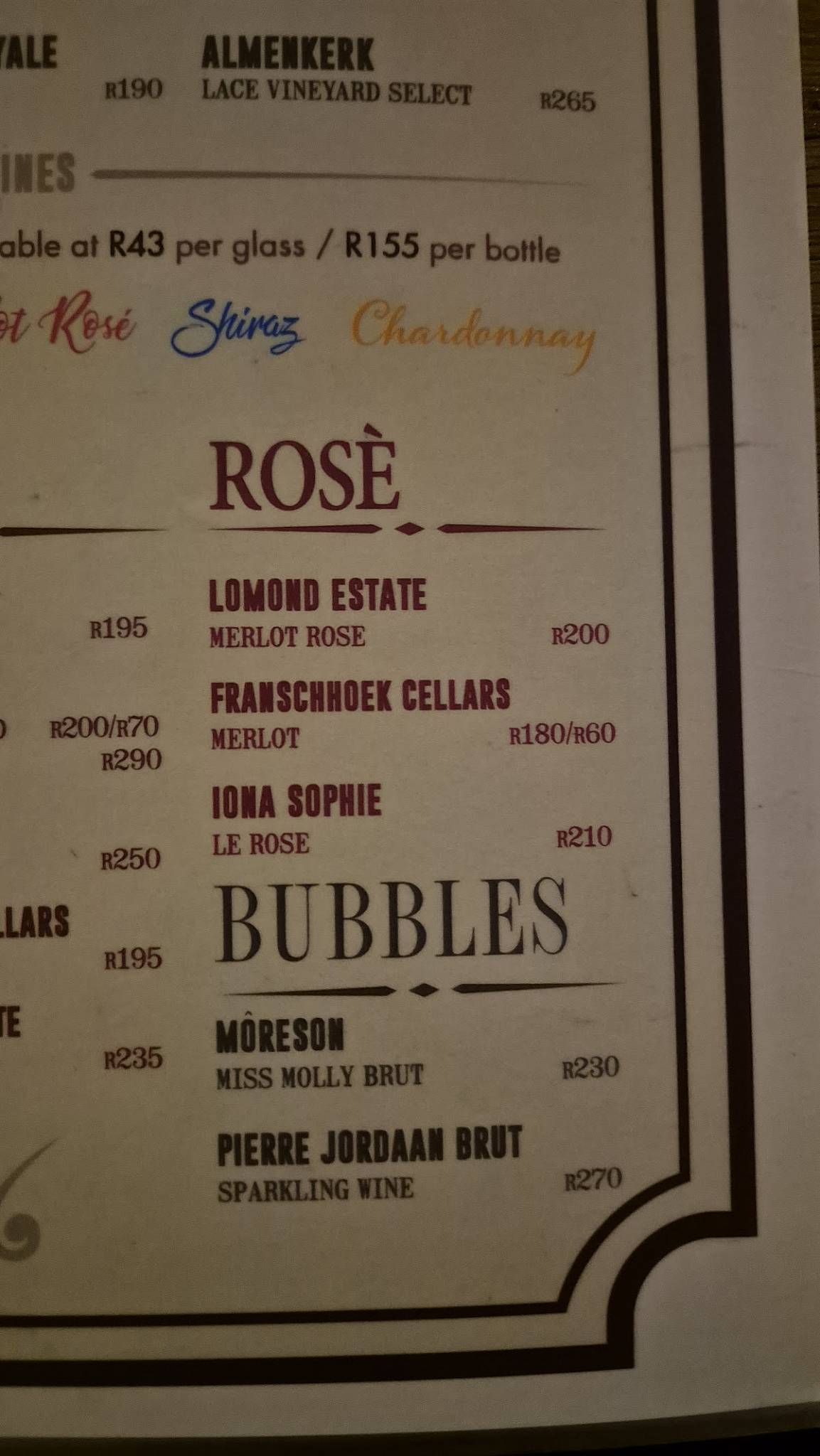 Menu at The Toad on the Road restaurant, Cape Town, Main Rd