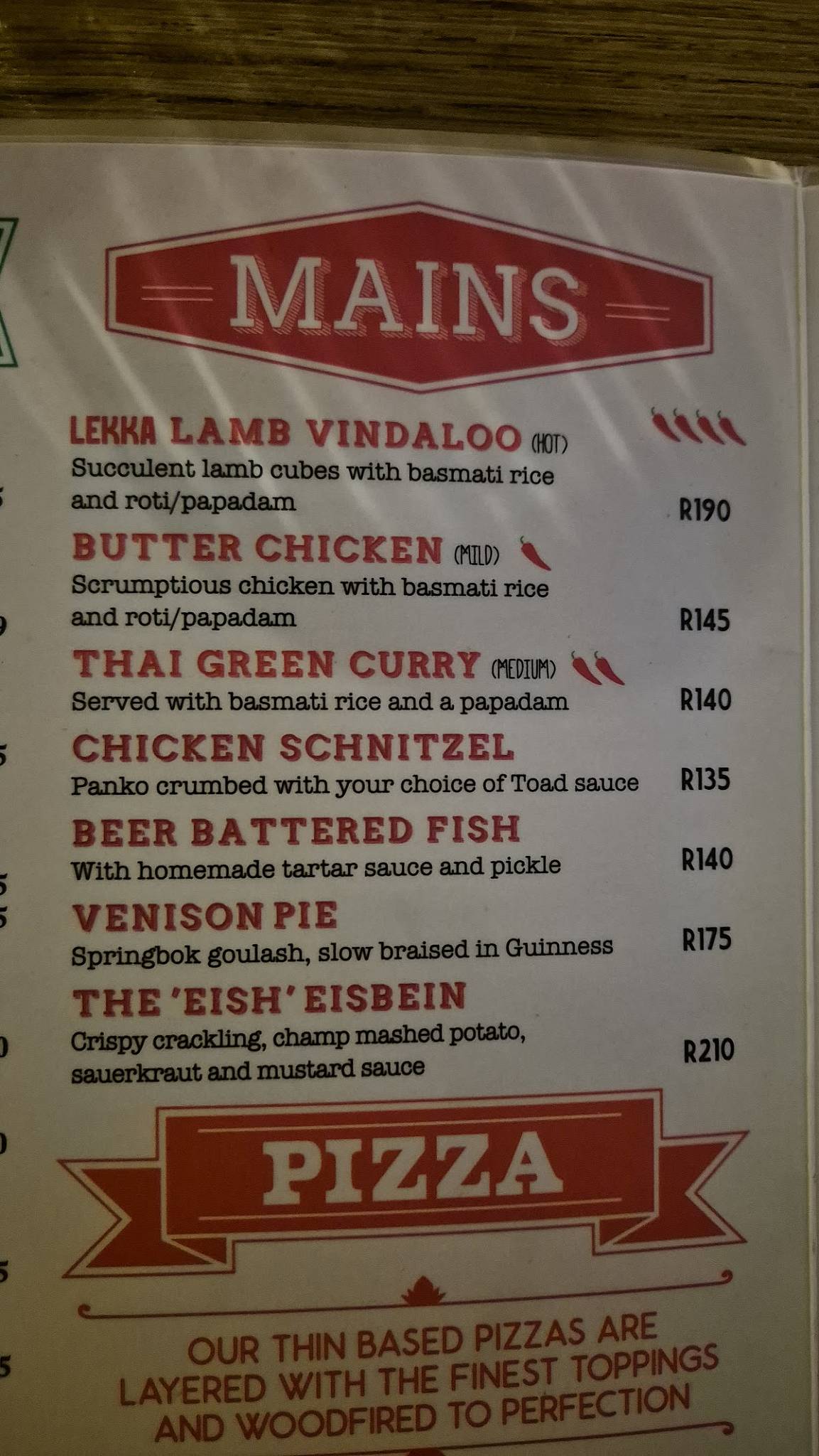 Menu at The Toad on the Road restaurant, Cape Town, Main Rd