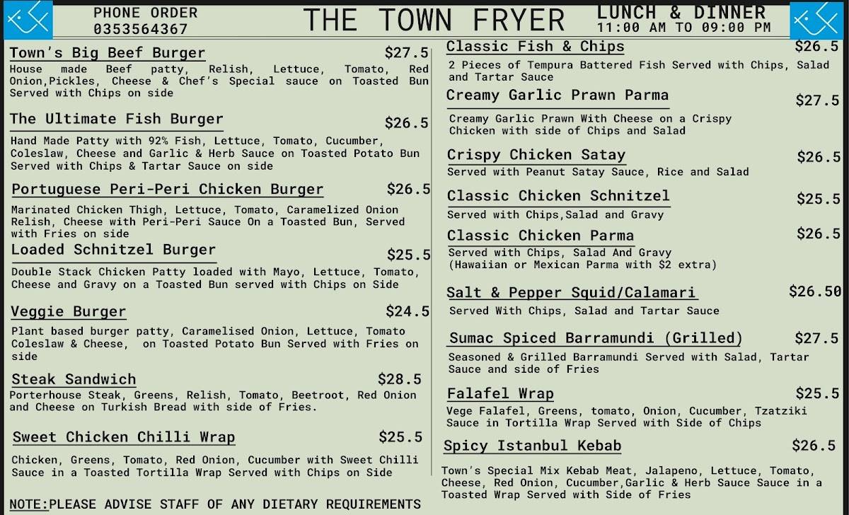 Menu at The Town Fryer Fish & Chip and Pizza Restaurant, Halls Gap