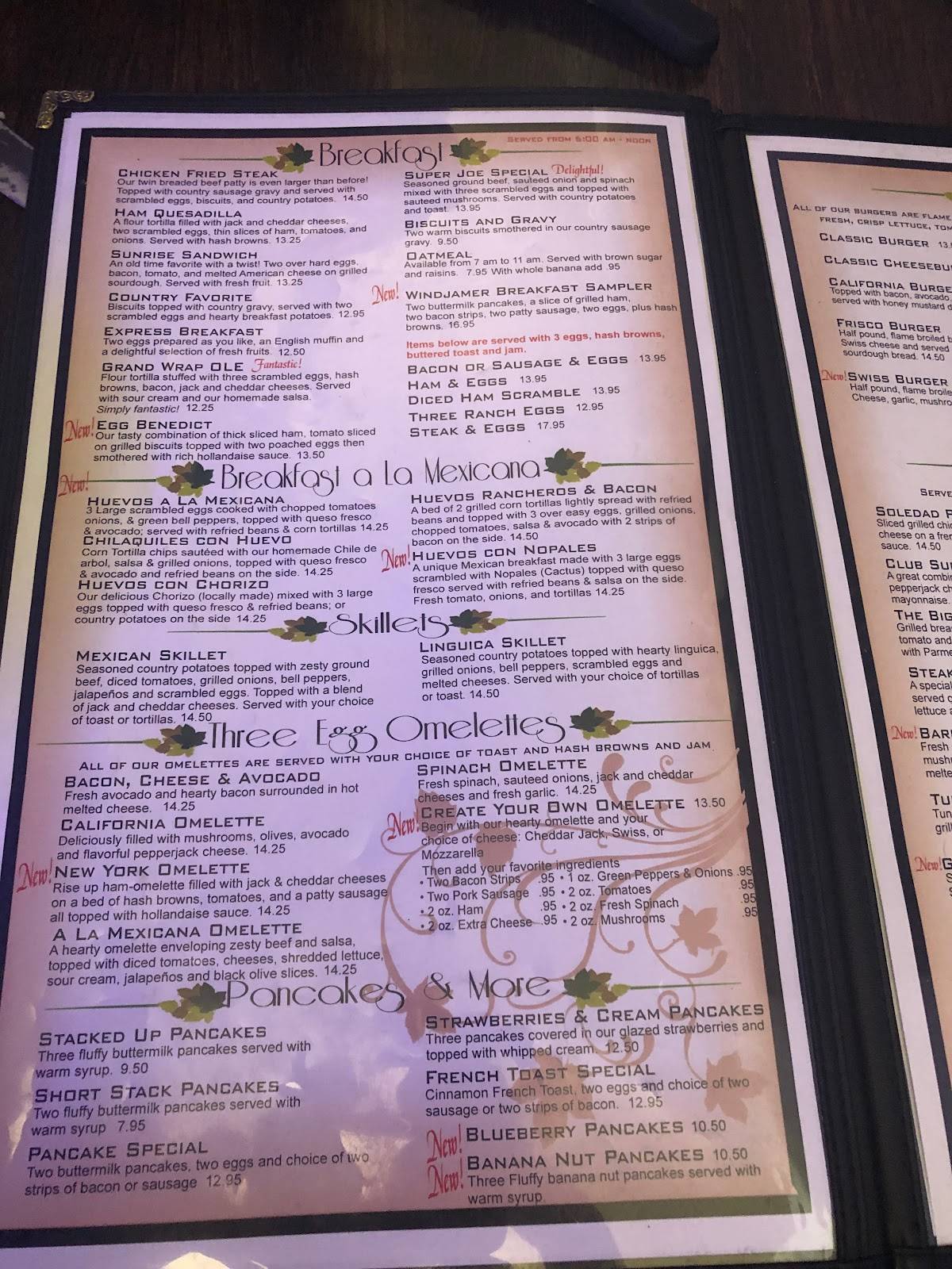 Menu at The Windmill Restaurant, Soledad