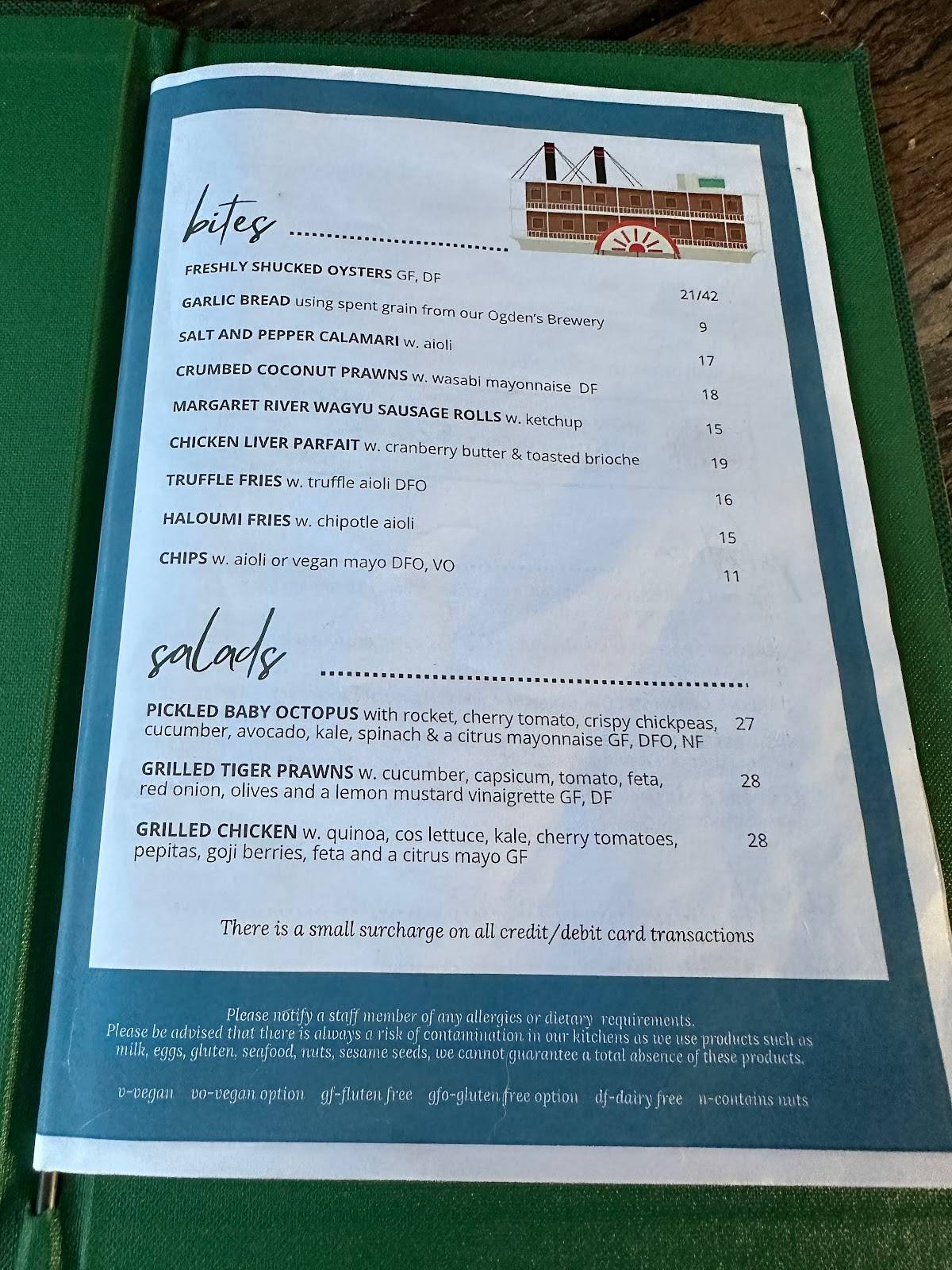 Menu at The Windsor Hotel restaurant, South Perth
