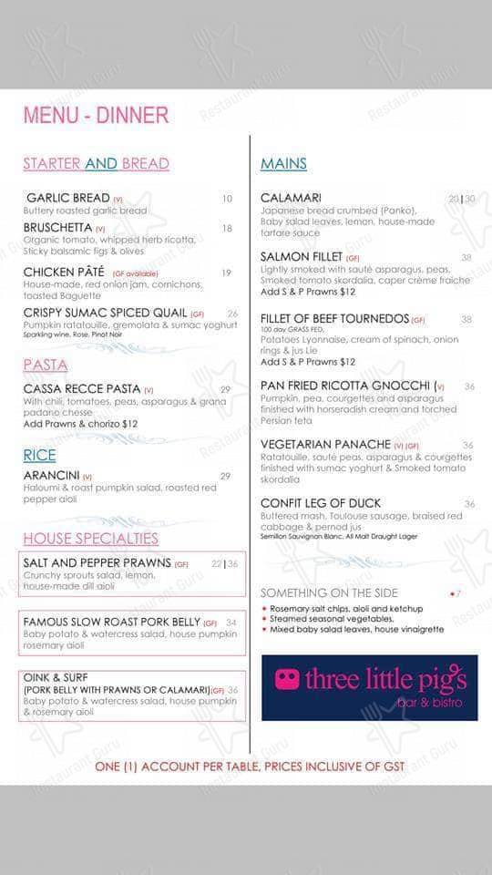 Menu at Three Little Pigs Bar & Bistro, Tamborine Mountain