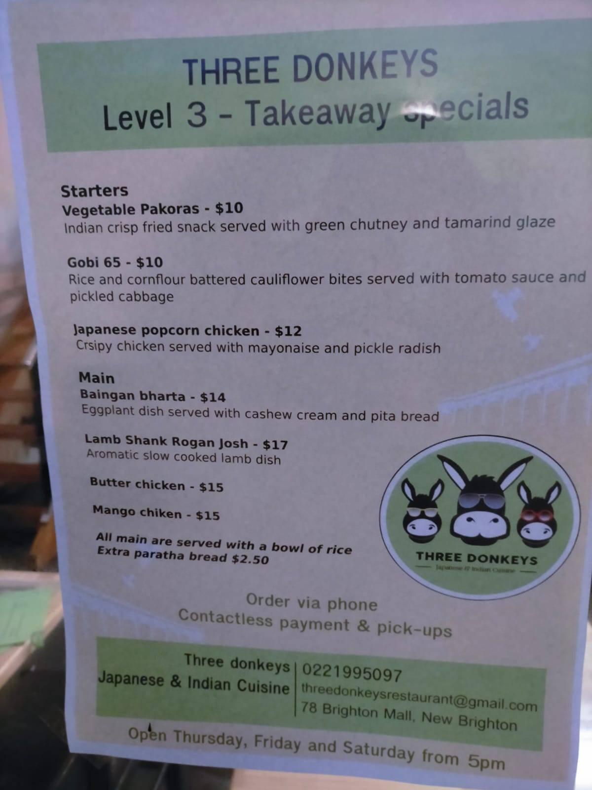 Menu at Three donkeys restaurant, Christchurch