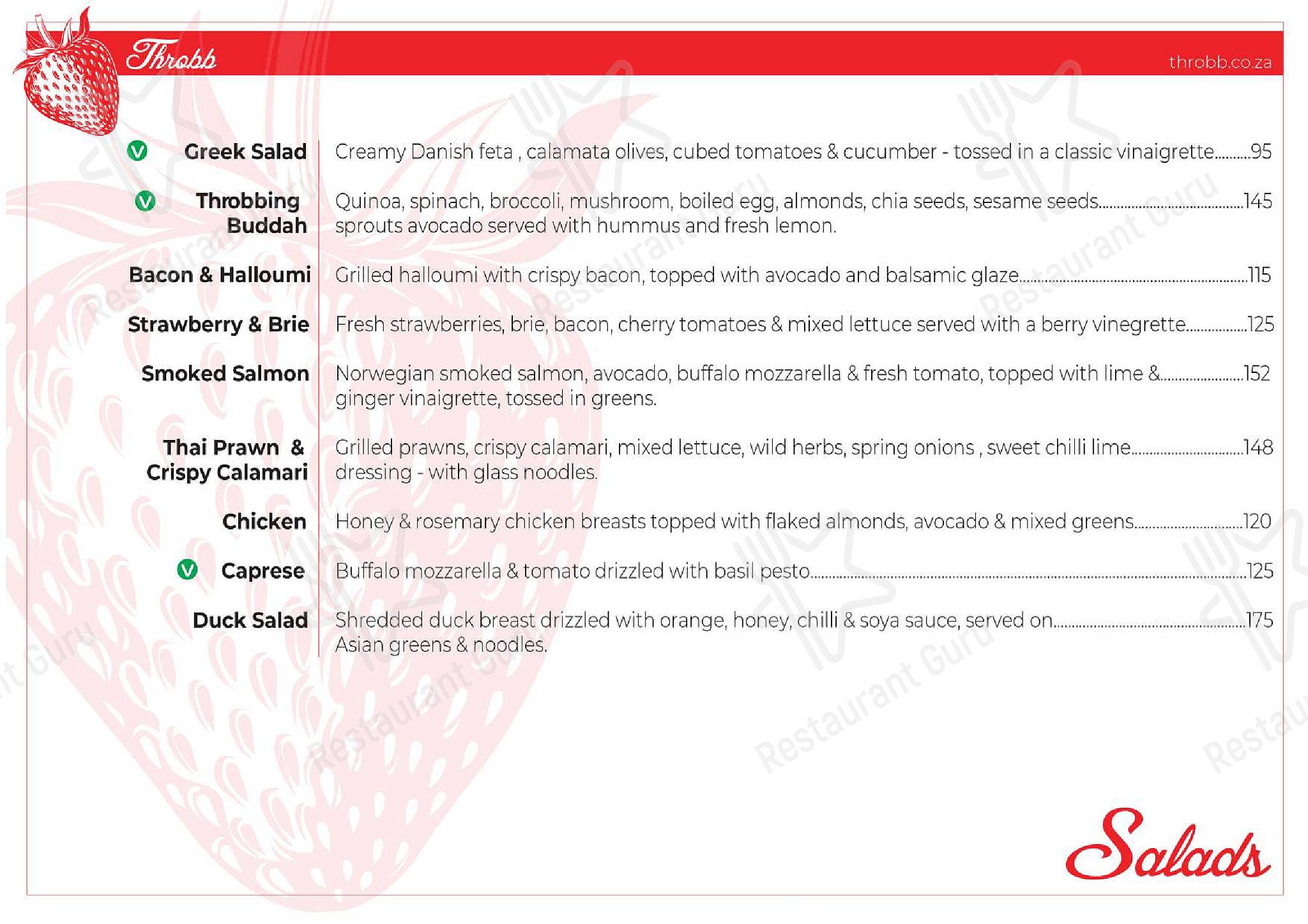 Menu at Throbbing Strawberry restaurant, Johannesburg