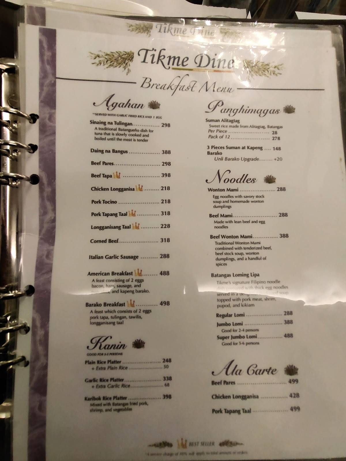 Menu at Tikme Dine restaurant, Quezon City