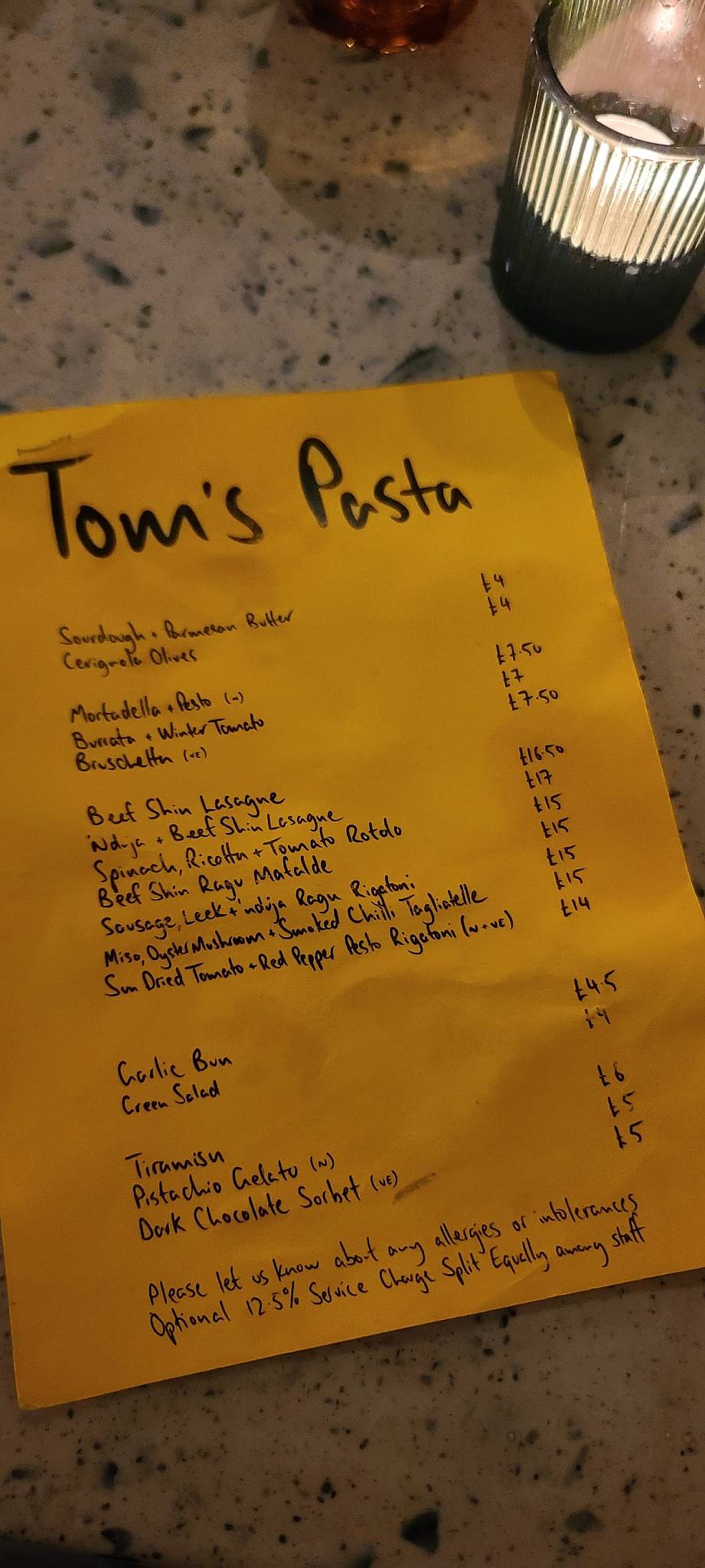 Menu at Tom's Pasta restaurant, London
