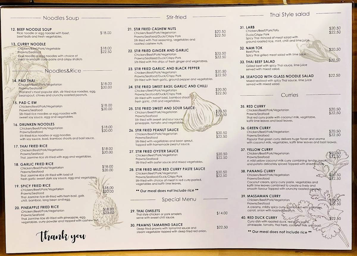 Menu at Top Ten Thai Food Takeaway restaurant, Auckland