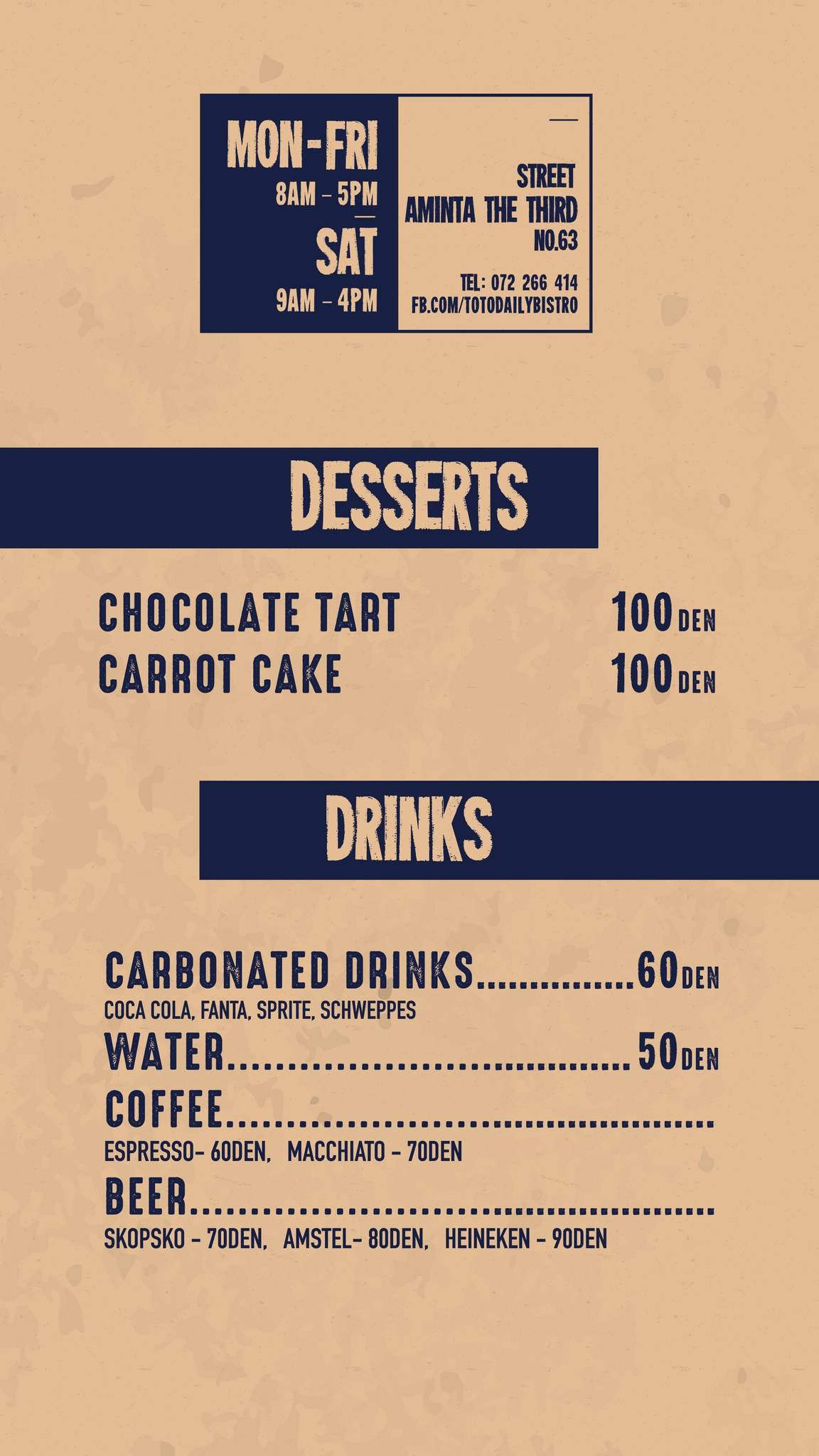 Menu at Toto Daily Bistro restaurant, Skopje
