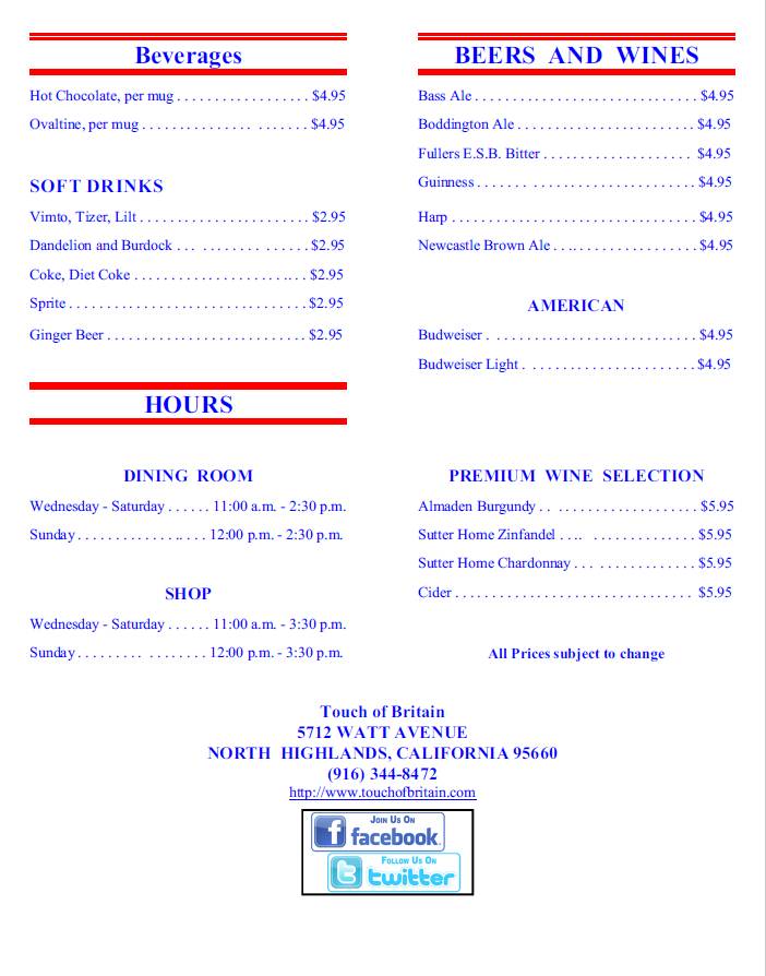Menu at Touch of Britain restaurant, North Highlands