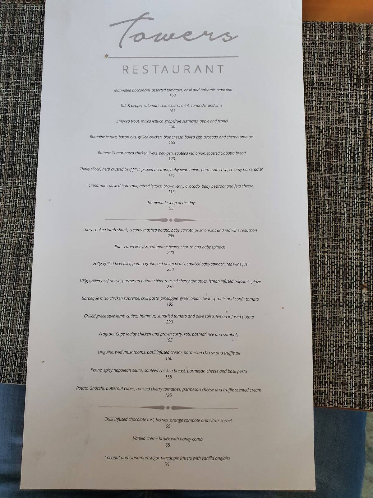 Menu at Towers Restaurant, Cape Town