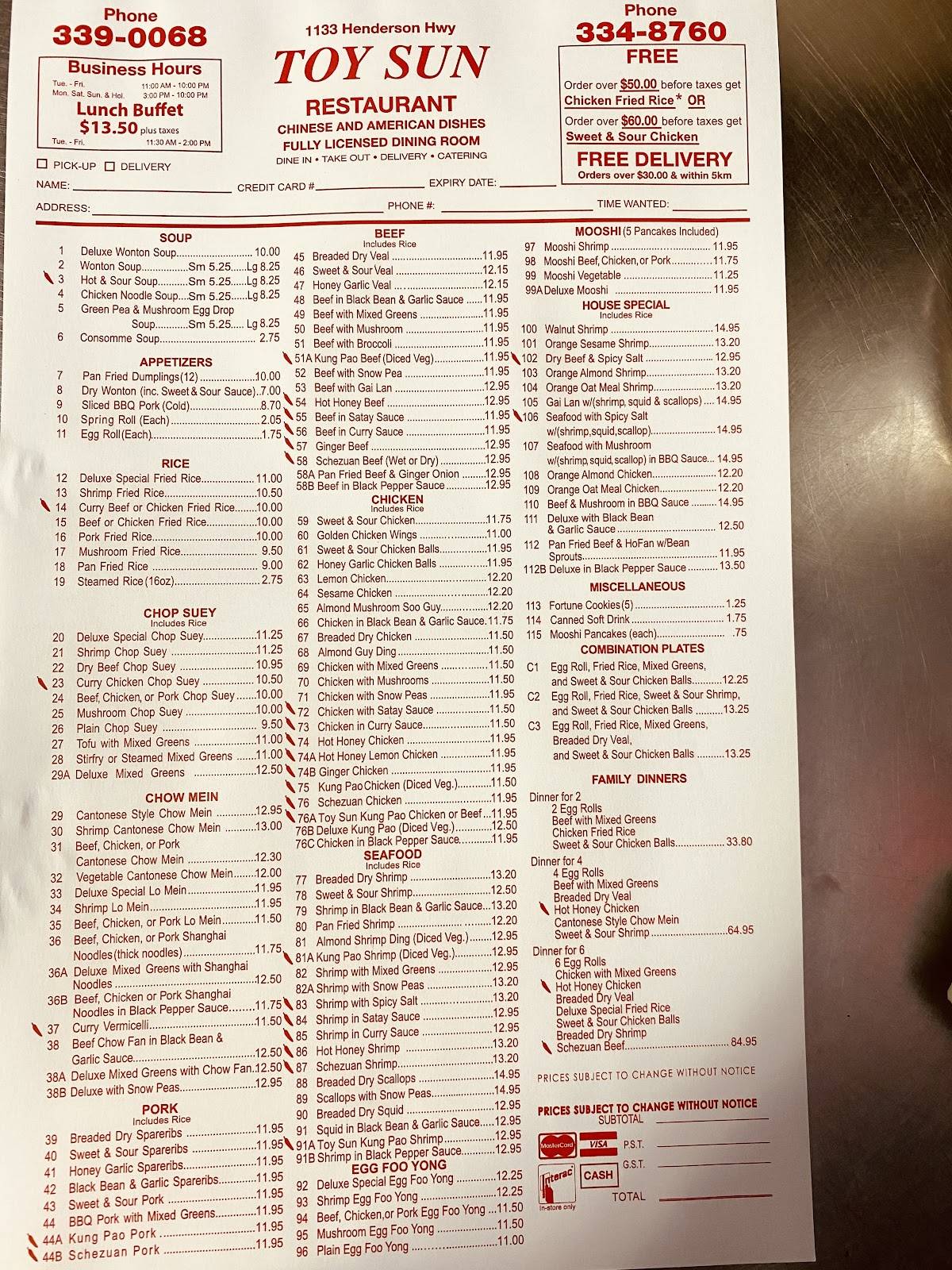Menu at Toy Sun Restaurant, Winnipeg