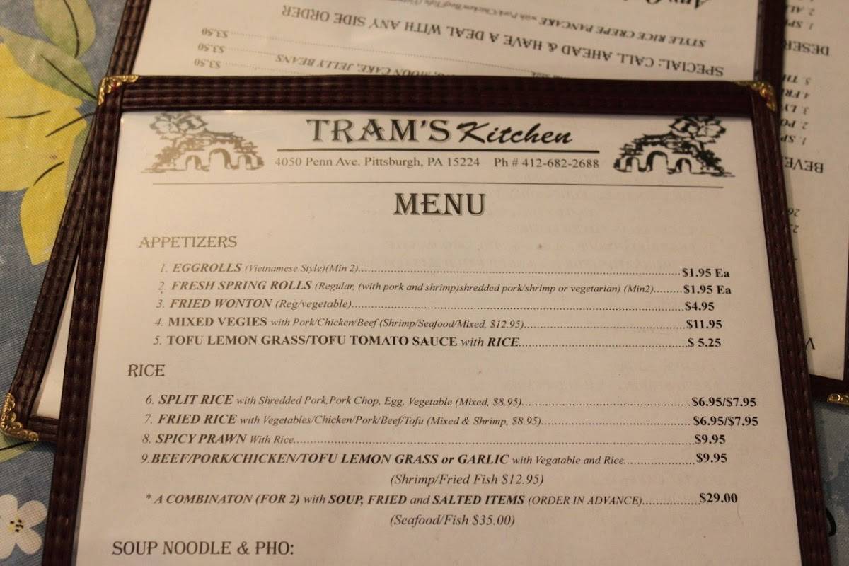 Menu at Tram's Kitchen restaurant, Pittsburgh