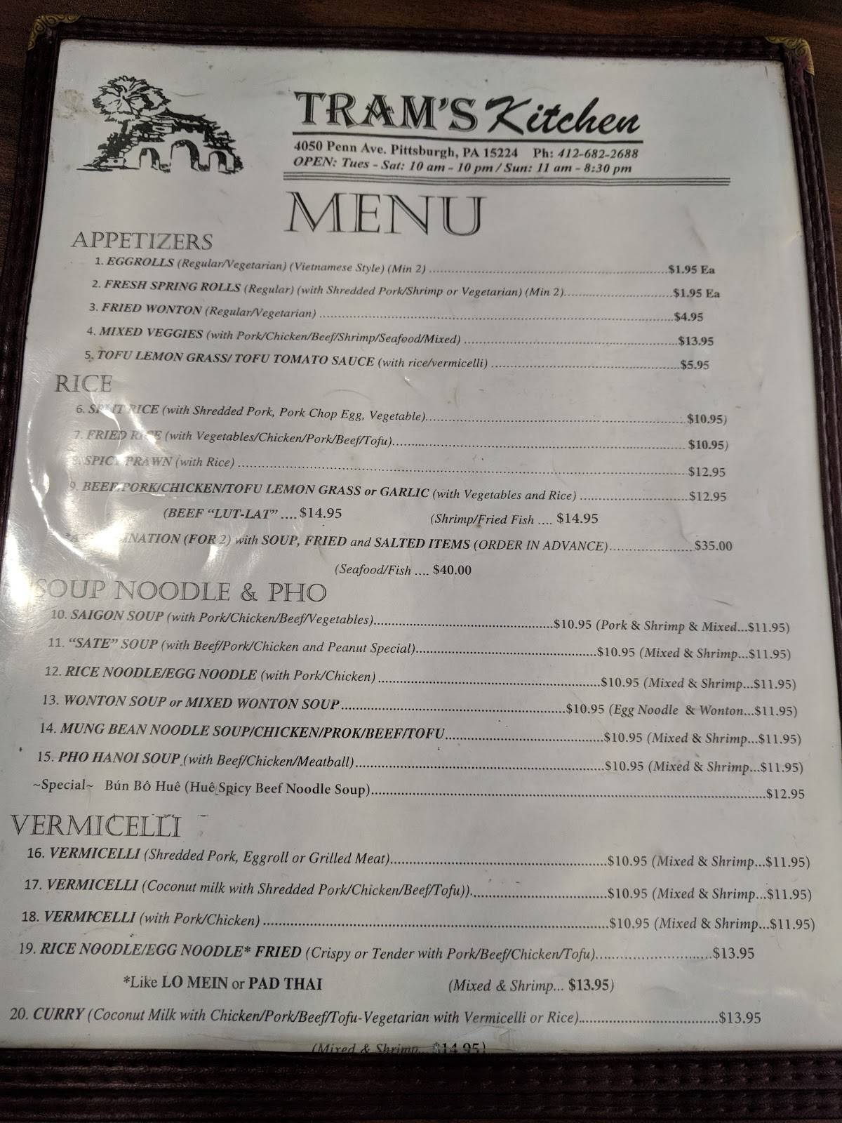 Menu at Tram's Kitchen restaurant, Pittsburgh