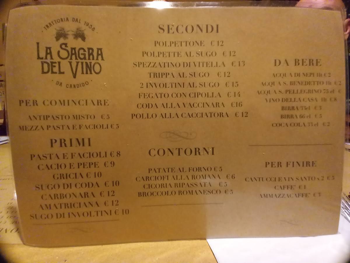 Menu da Trattoria La Sagra del Vino da Candido ristorante, Roma