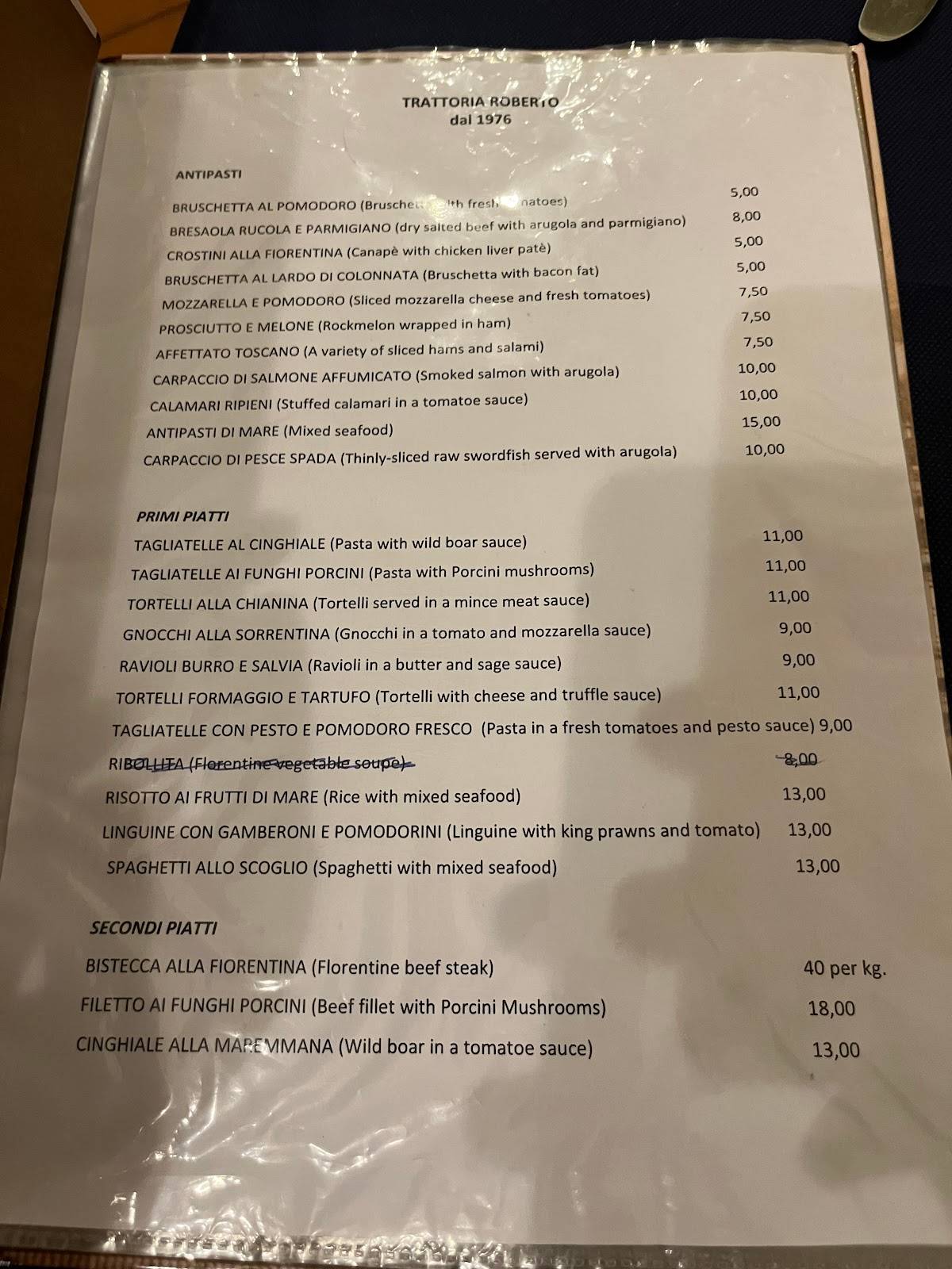 Menu at Trattoria Roberto restaurant, Florence