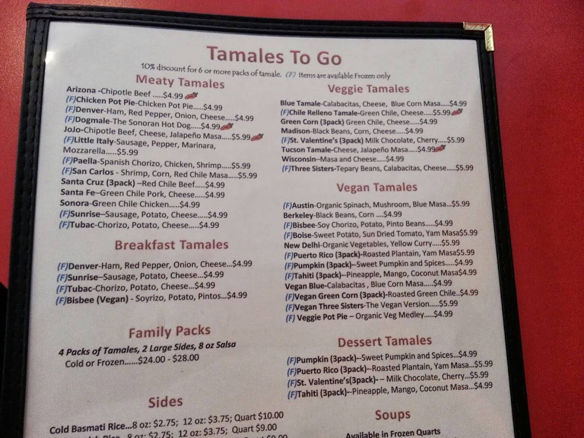 Menu at Tucson Tamale Company restaurant, Tucson, E Broadway Blvd