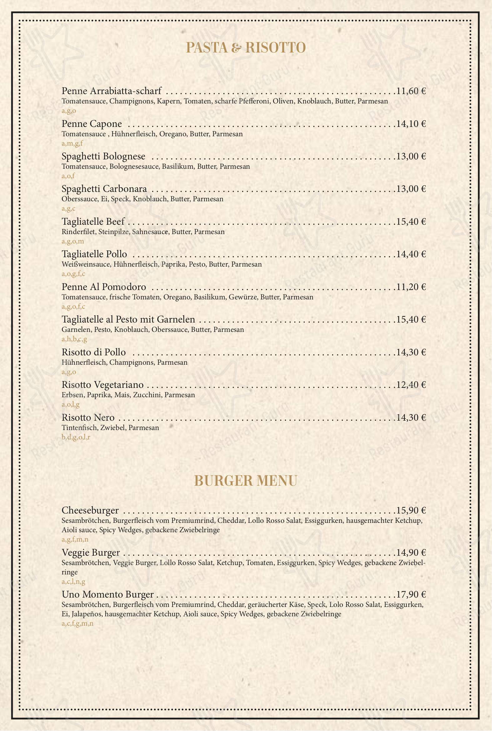 Speisekarte von Uno Momento restaurant, Wien